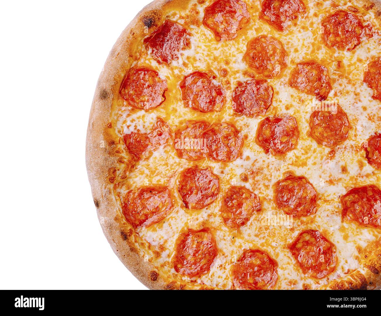 Food, A round pepperoni pizza is topped with a generous layer of ...