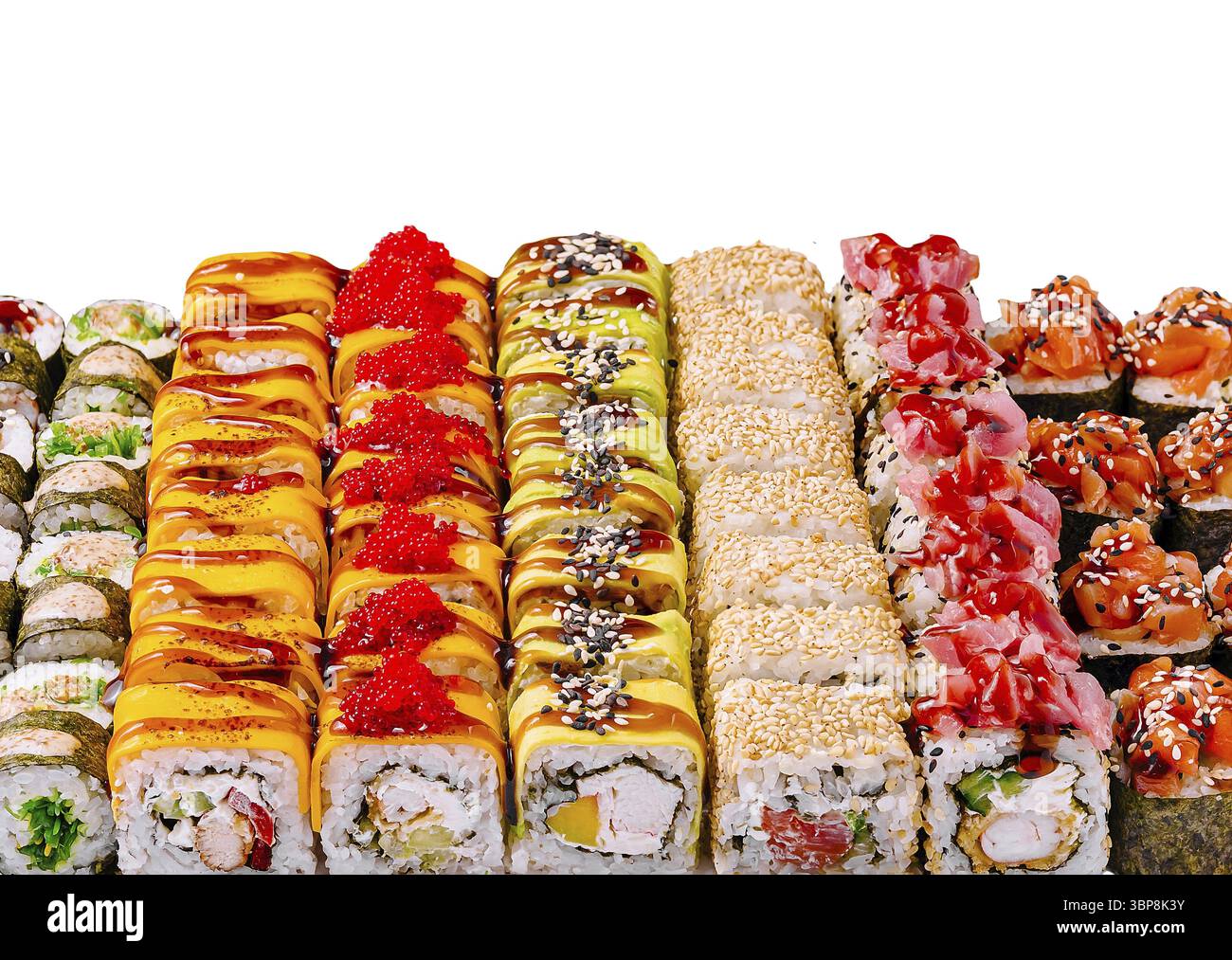 Food, A vibrant array of sushi rolls showcases various toppings and ...