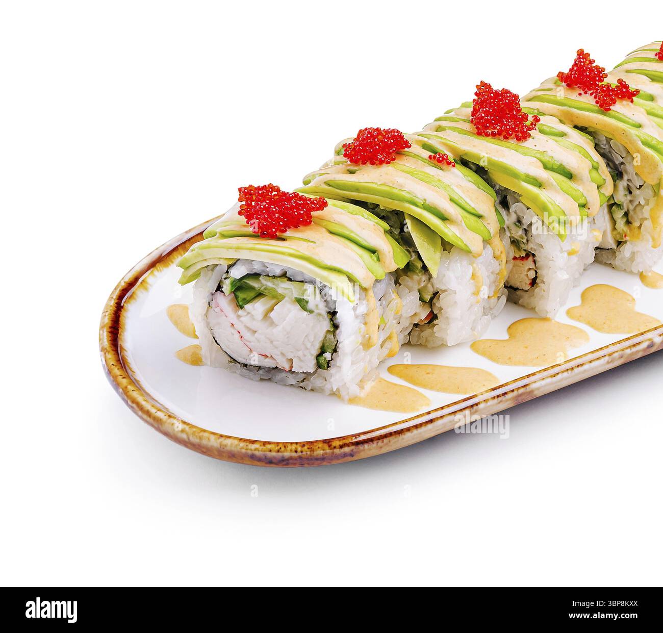 Food, Colorful sushi roll features layers of fresh seafood and creamy ...