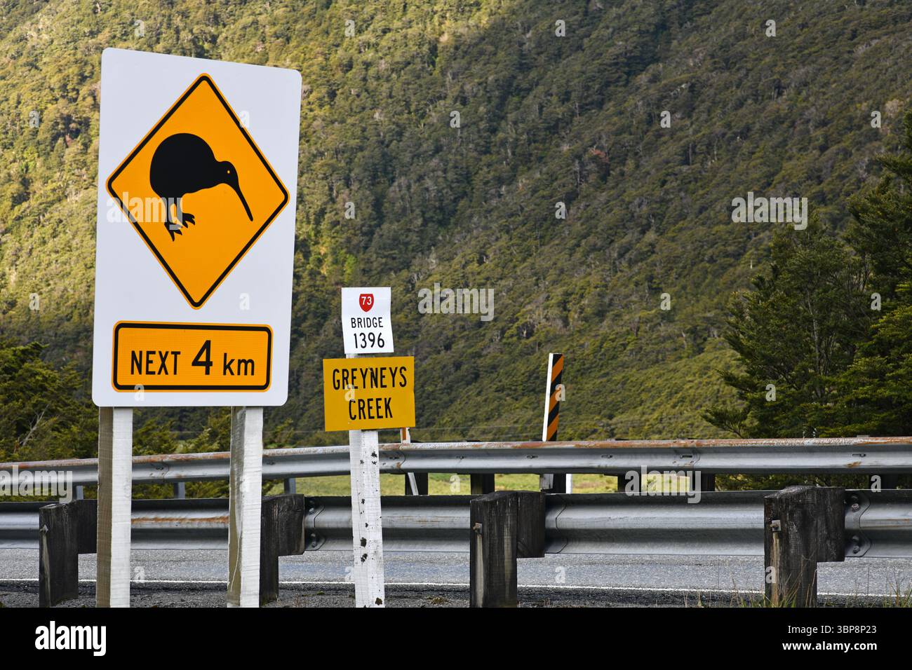 Road sign warning of kiwi on State Highway 73 at Arthurs Pass National ...
