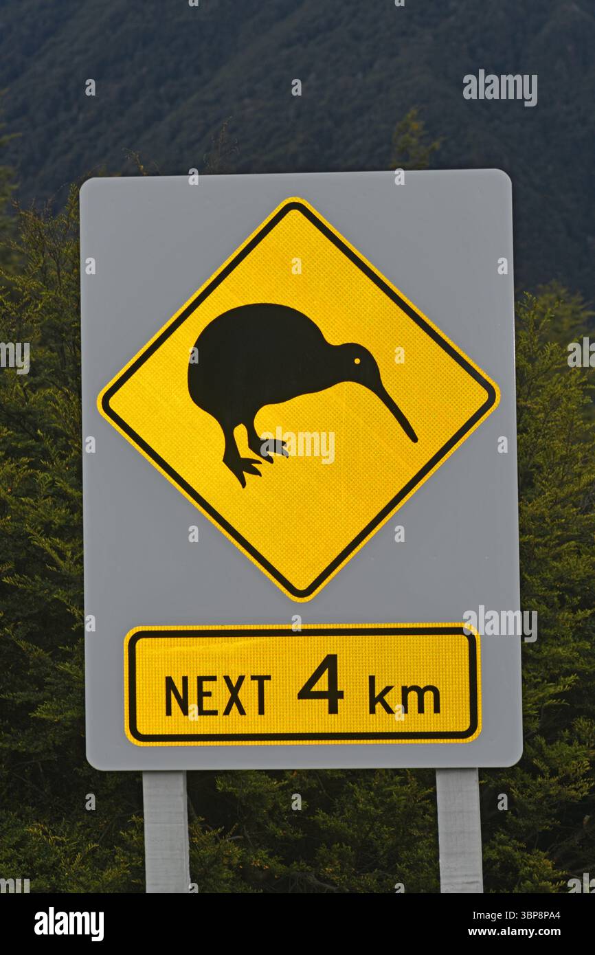 Road sign warning of kiwi on State Highway 73 at Arthurs Pass National ...