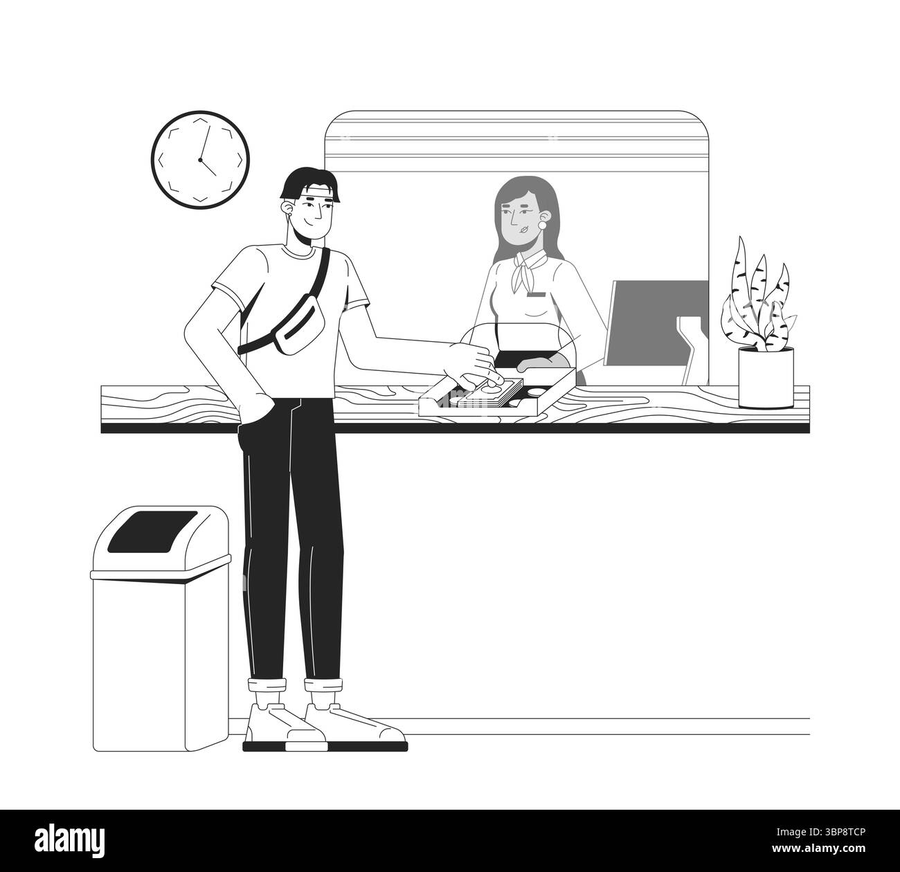 Customer depositing cash at bank teller counter outline illustration ...