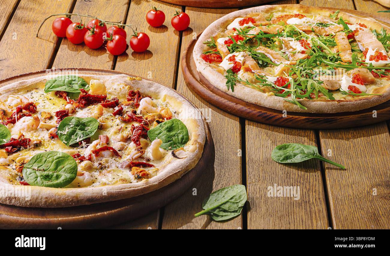 Food, Artisanal pizzas with fresh toppings top view, rustic setting ...