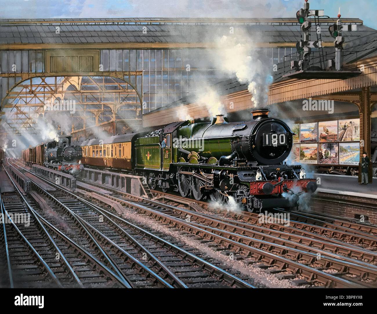 Steam train painting. GWR 6000 Class 6024 King Edward I at the station ...
