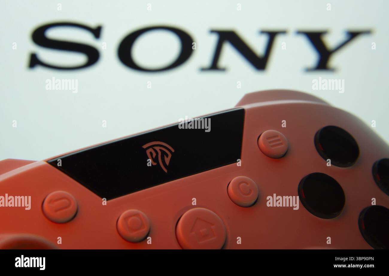 Dhaka, Bangladesh- 02 July 2025: A close-up of a gamepad with the sony seen on screen in the ...