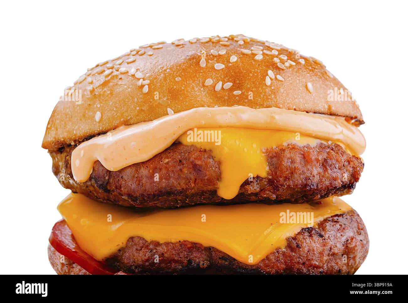 Food, Double cheeseburger with sauce dripping down the side is making ...