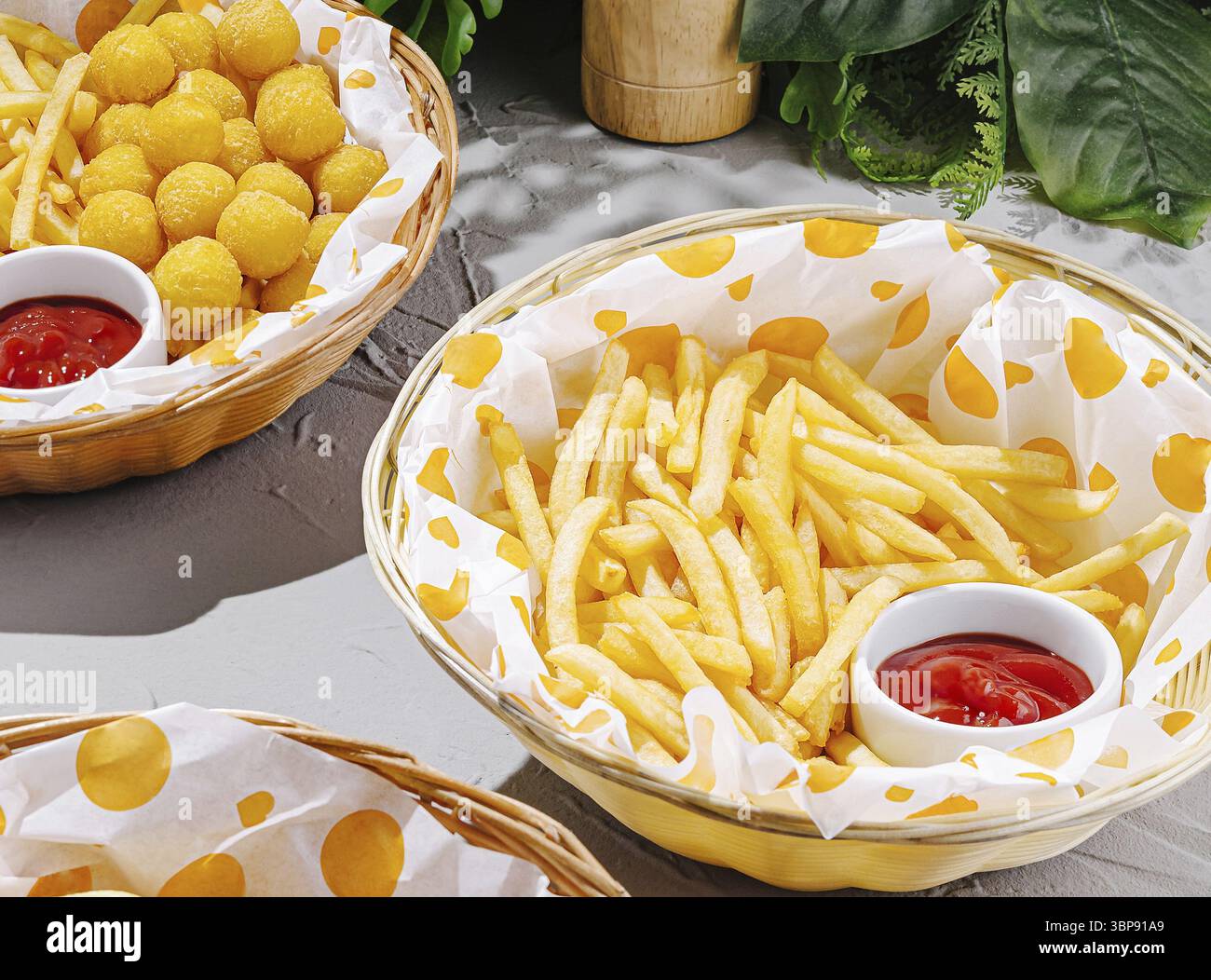 Food, A colorful display of crispy French fries and golden snacks in ...
