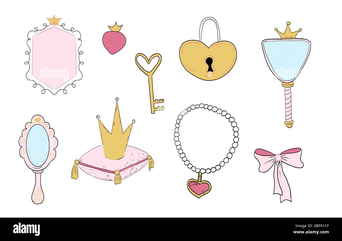 Princess set cute hand drawn sketch. Girl magic fairy mirror, pageant ...