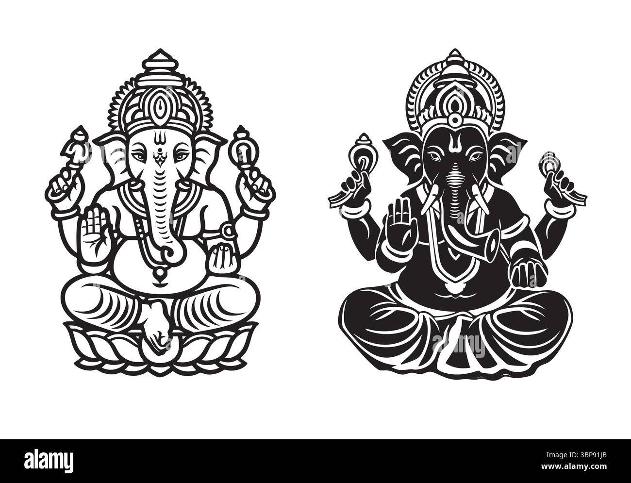Ganesha Black and White Line Art of the Hindu God Stock Vector Image ...