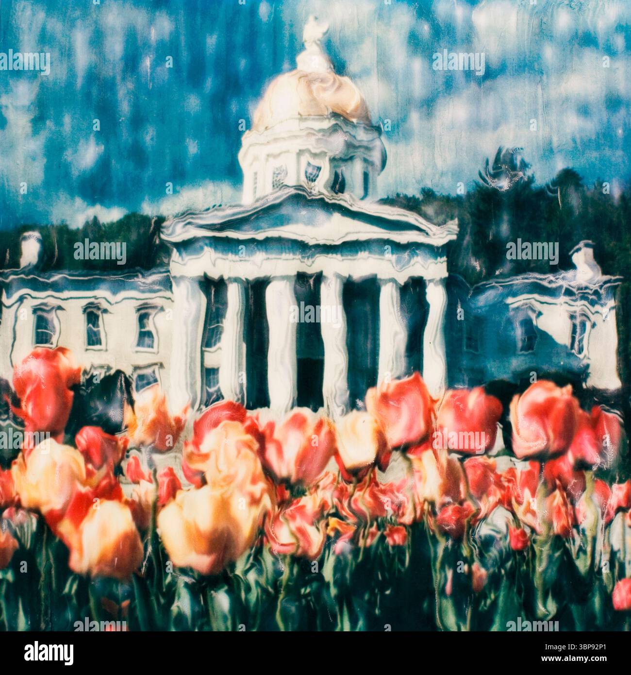 Polaroid manipulation of the front of the Vermont State House with ...