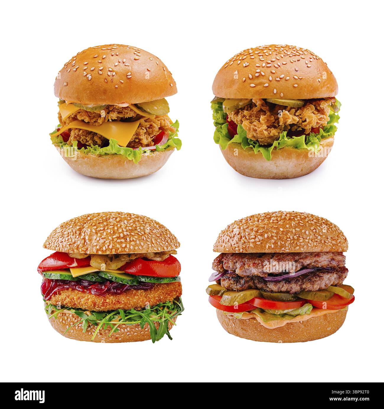 Food, A variety of four burgers showcasing different toppings and ...