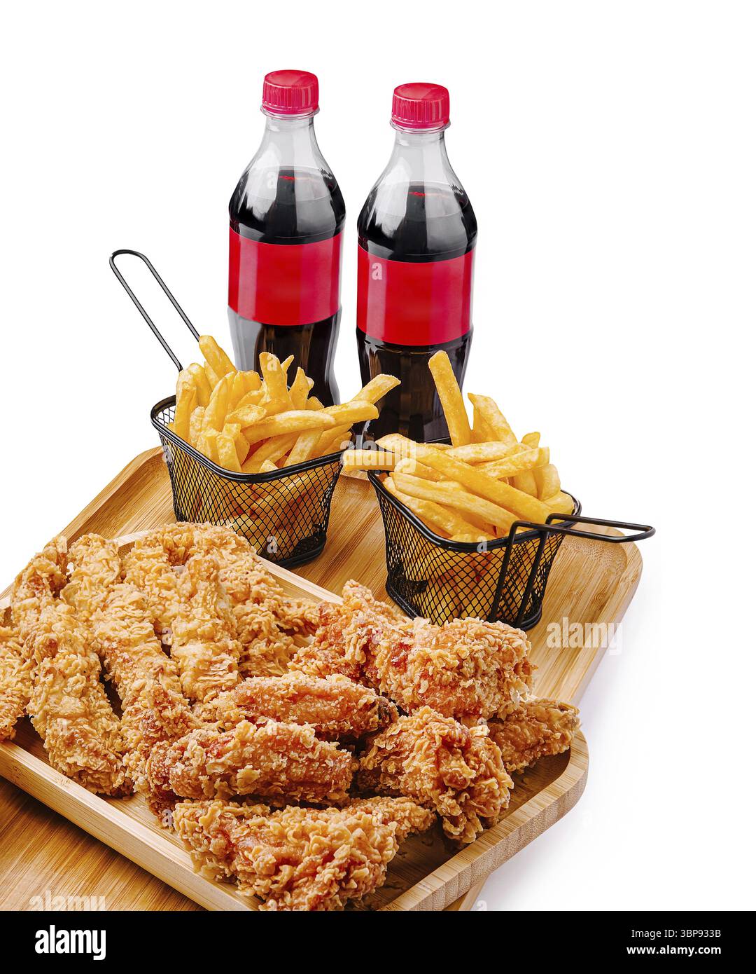 Food, A wooden tray holds crispy fried chicken pieces and golden fries ...