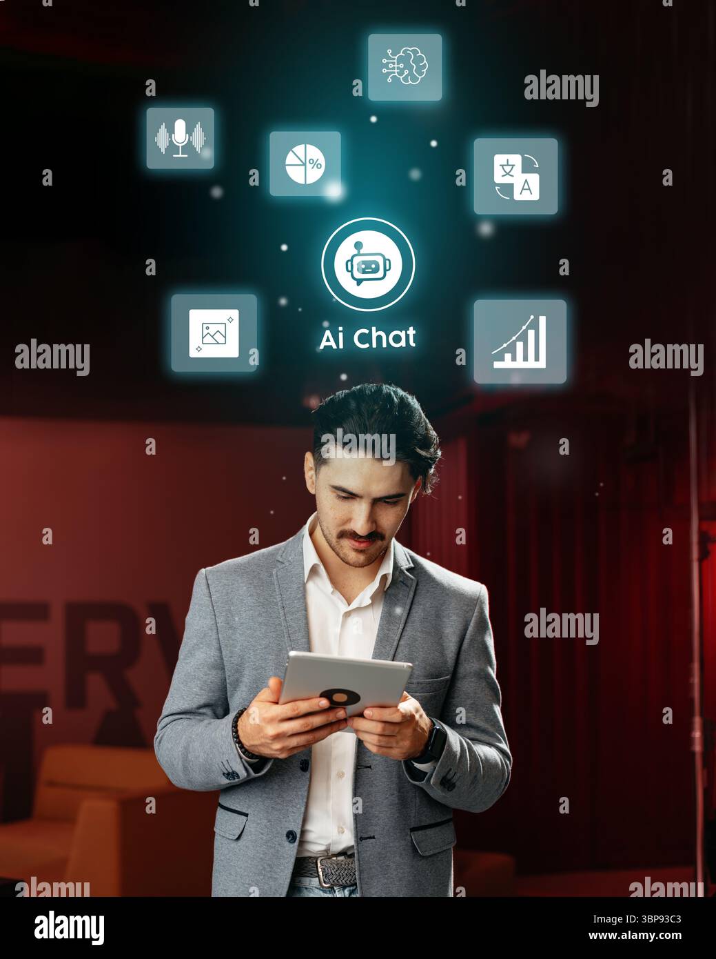 Professional man engaging with AI technology while checking data ...