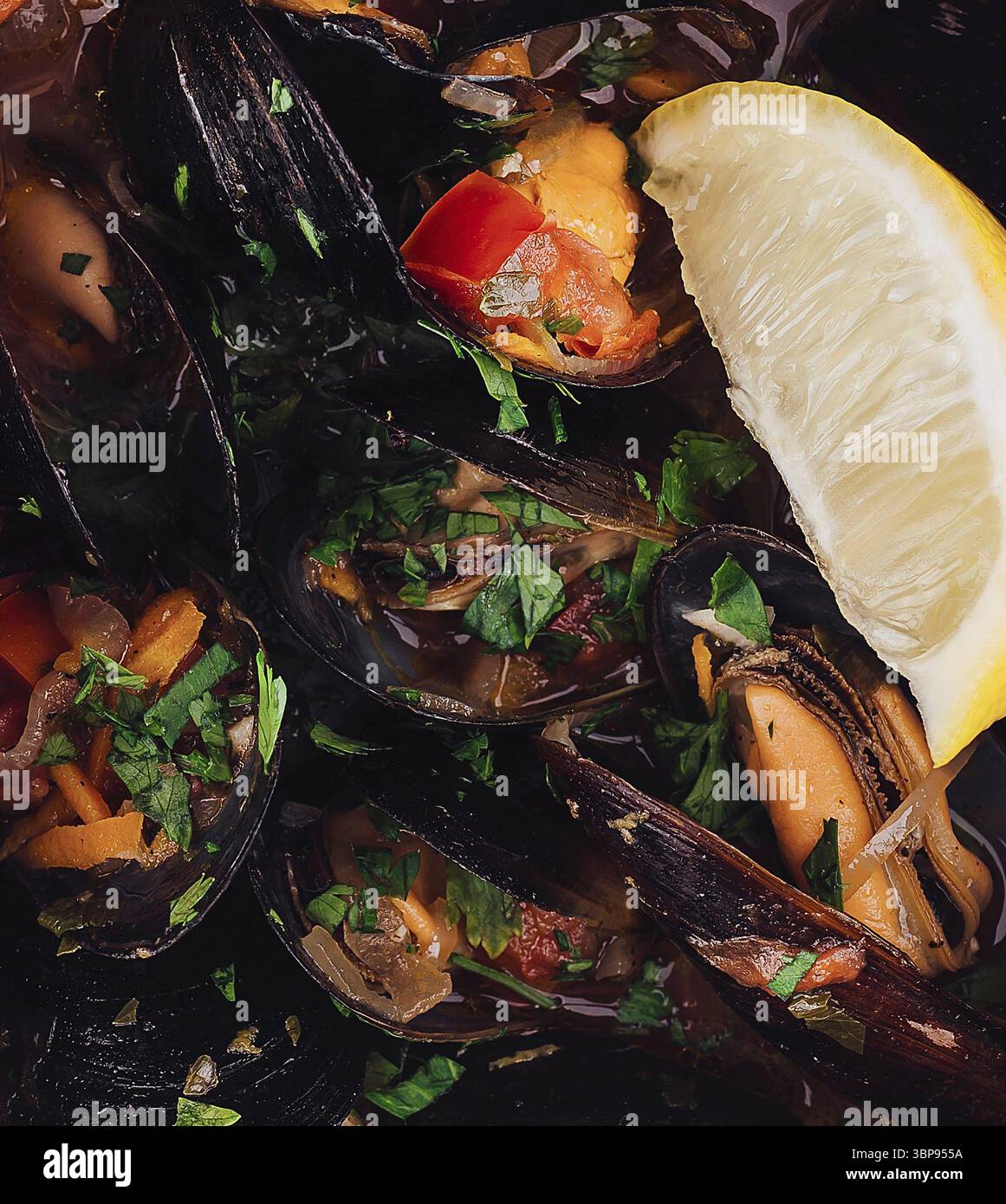 Food, Cooked mussels seasoned with chopped parsley, and lemon, shot ...
