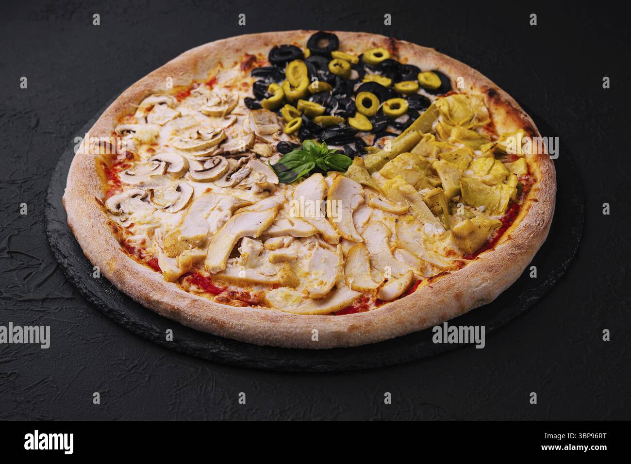 Food, Delicious split-topping pizza with fresh ingredients, perfect for ...