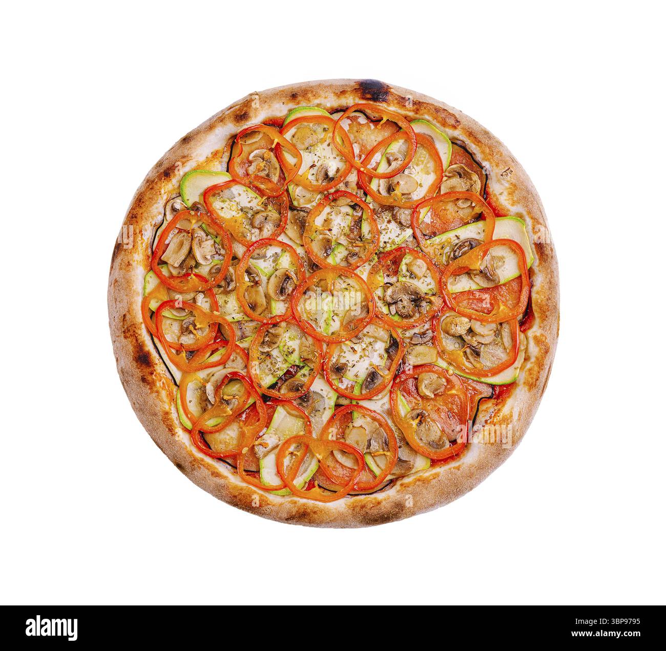 Food, A round pizza is topped with vibrant red and green peppers ...