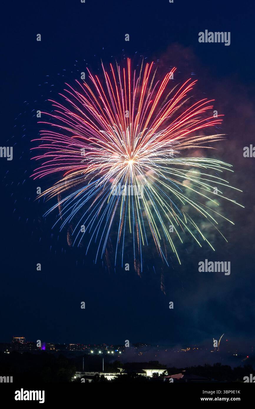 Fireworks explode near the United States Air Force Memorial during a Fourth of July celebration ...