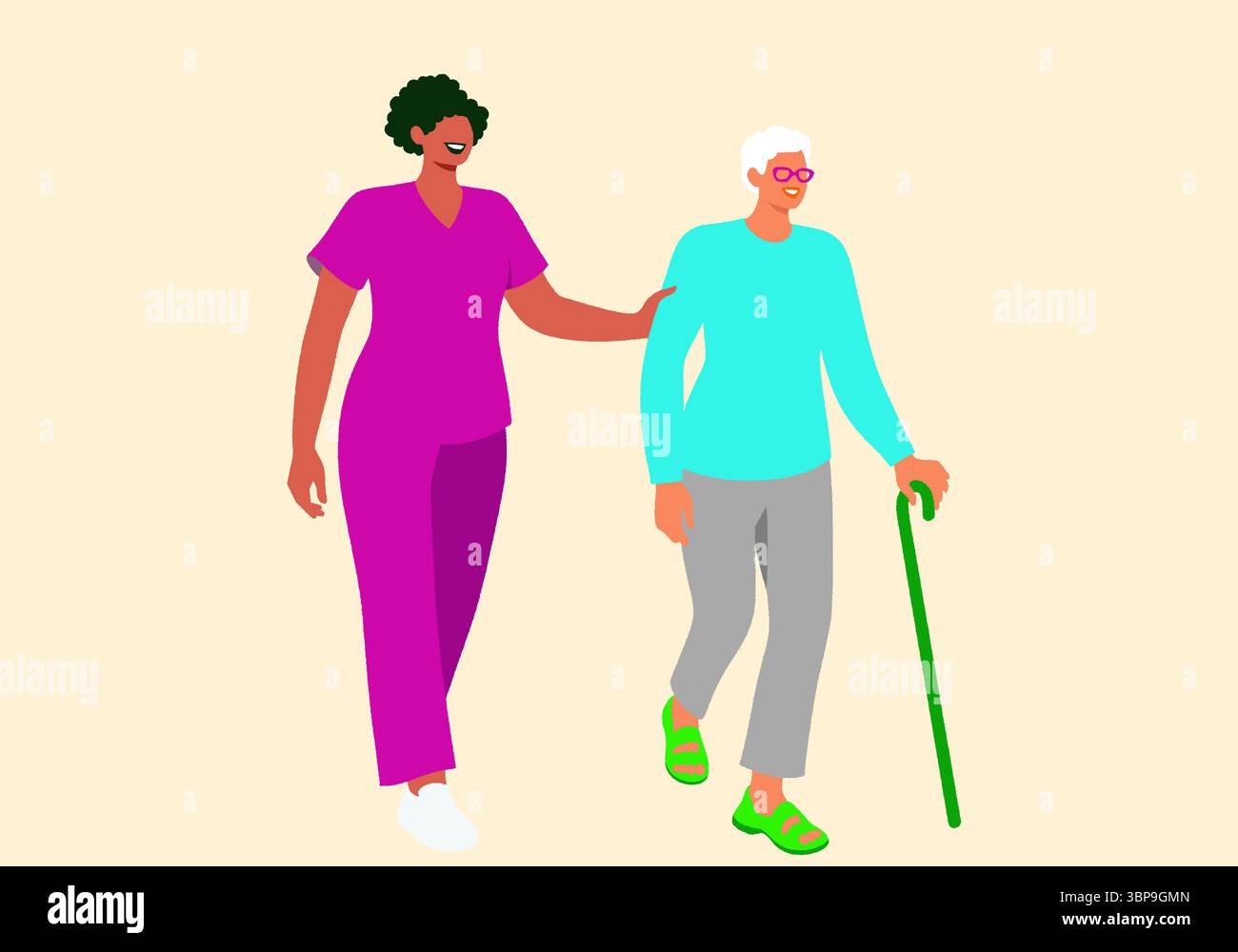 A smiling caregiver in scrubs supports an elderly person walking with a ...