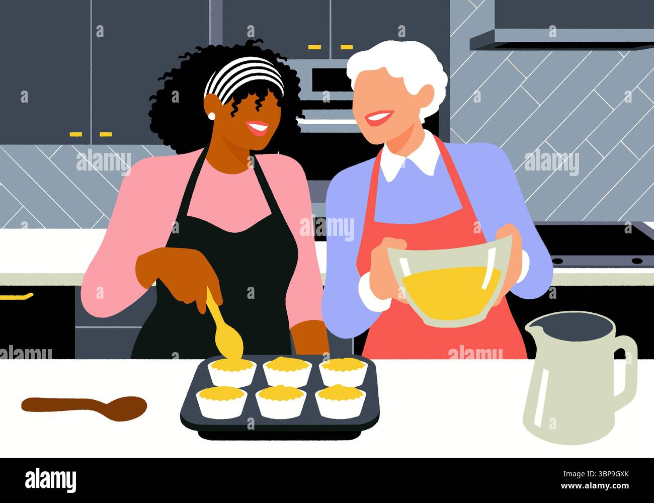 Two women baking muffins together in a modern kitchen, smiling and ...