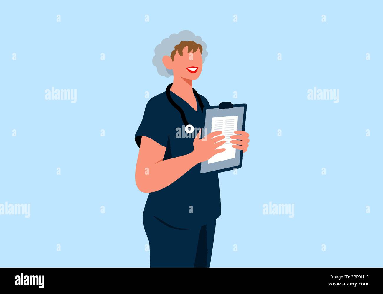 Illustration of a smiling healthcare worker in scrubs holding a ...