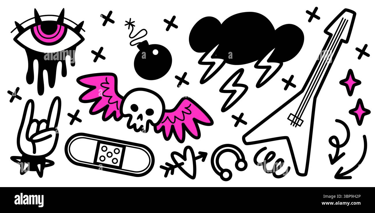 Black pink punk rock doodle collection with melting eye, skull wings ...
