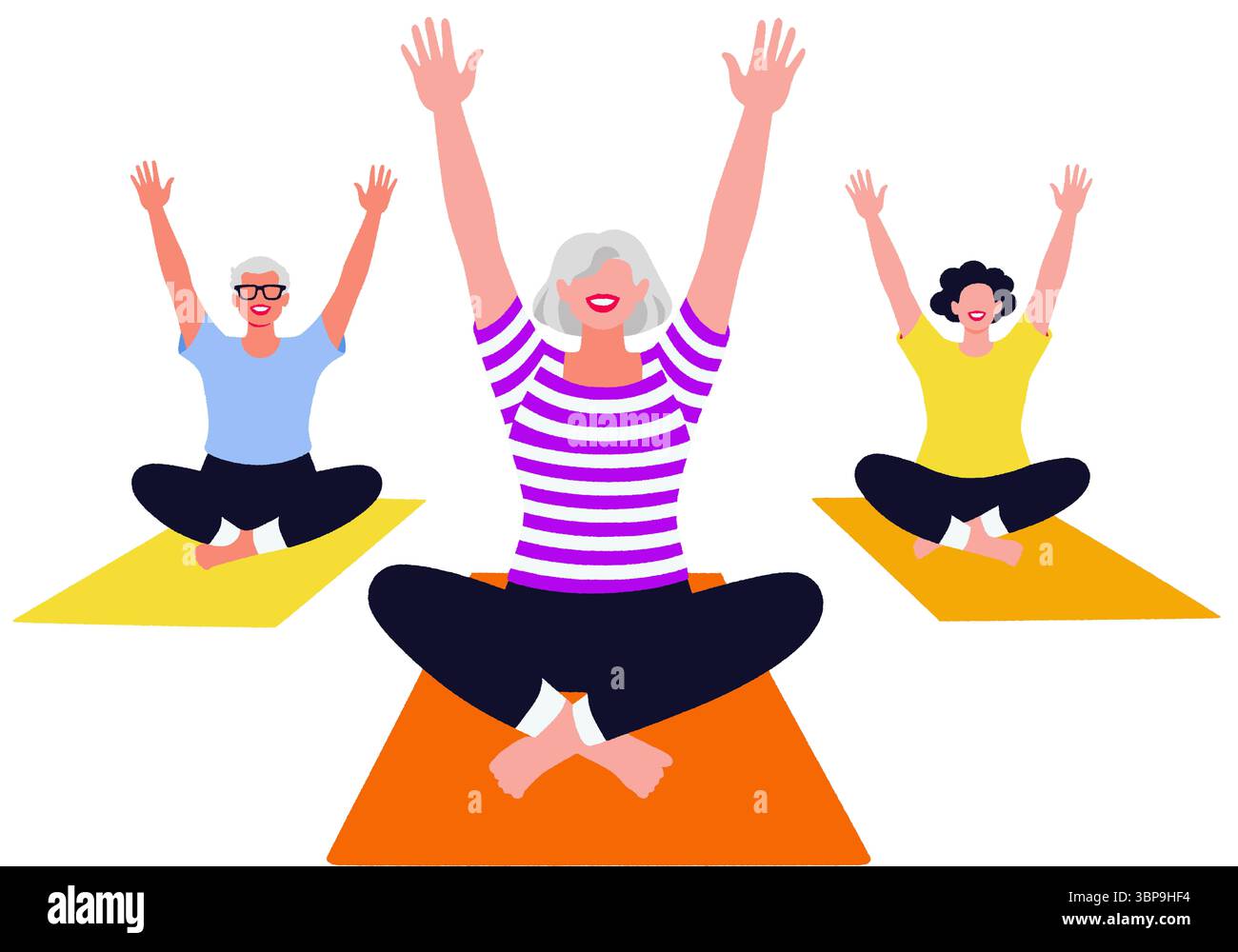 Three people doing yoga on mats with arms raised, smiling and relaxed ...