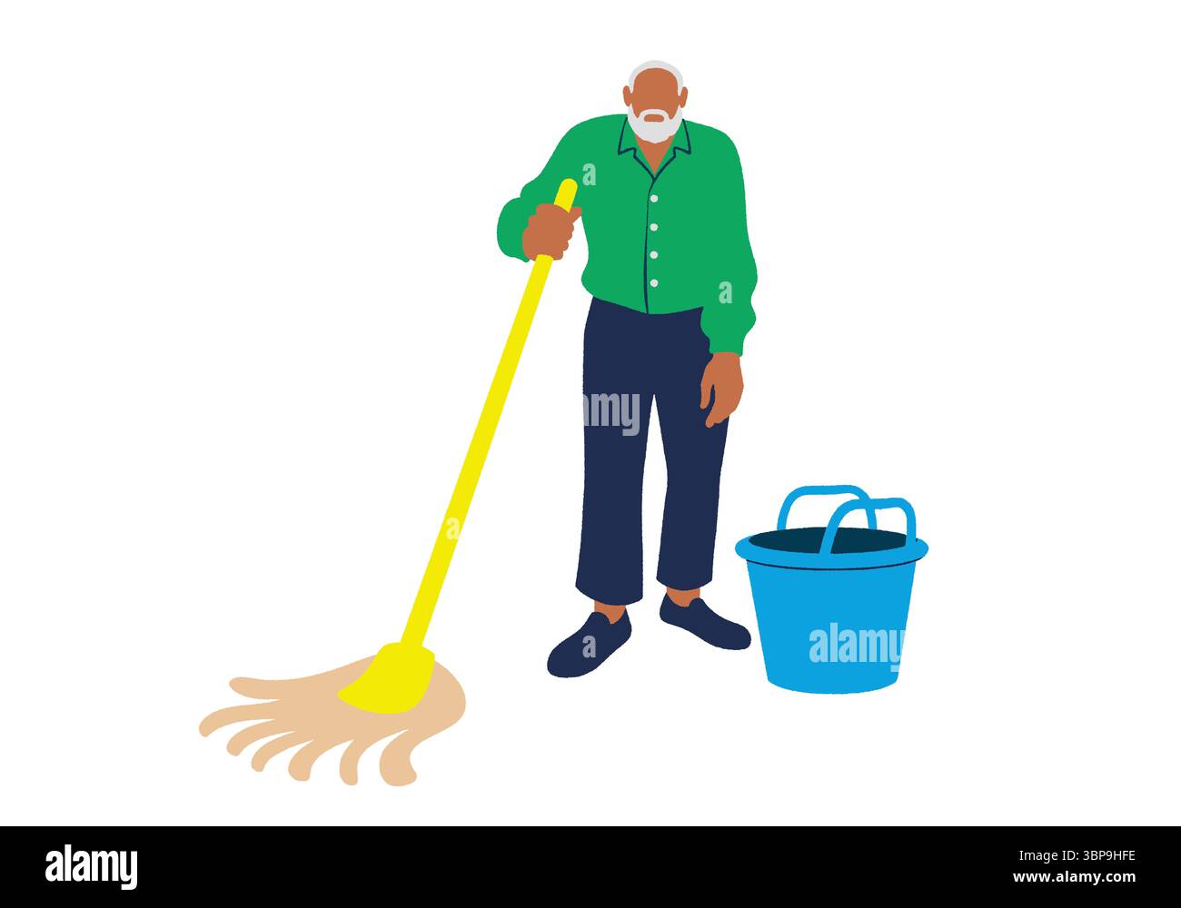 Older man mopping with yellow mop and bucket on white background ...