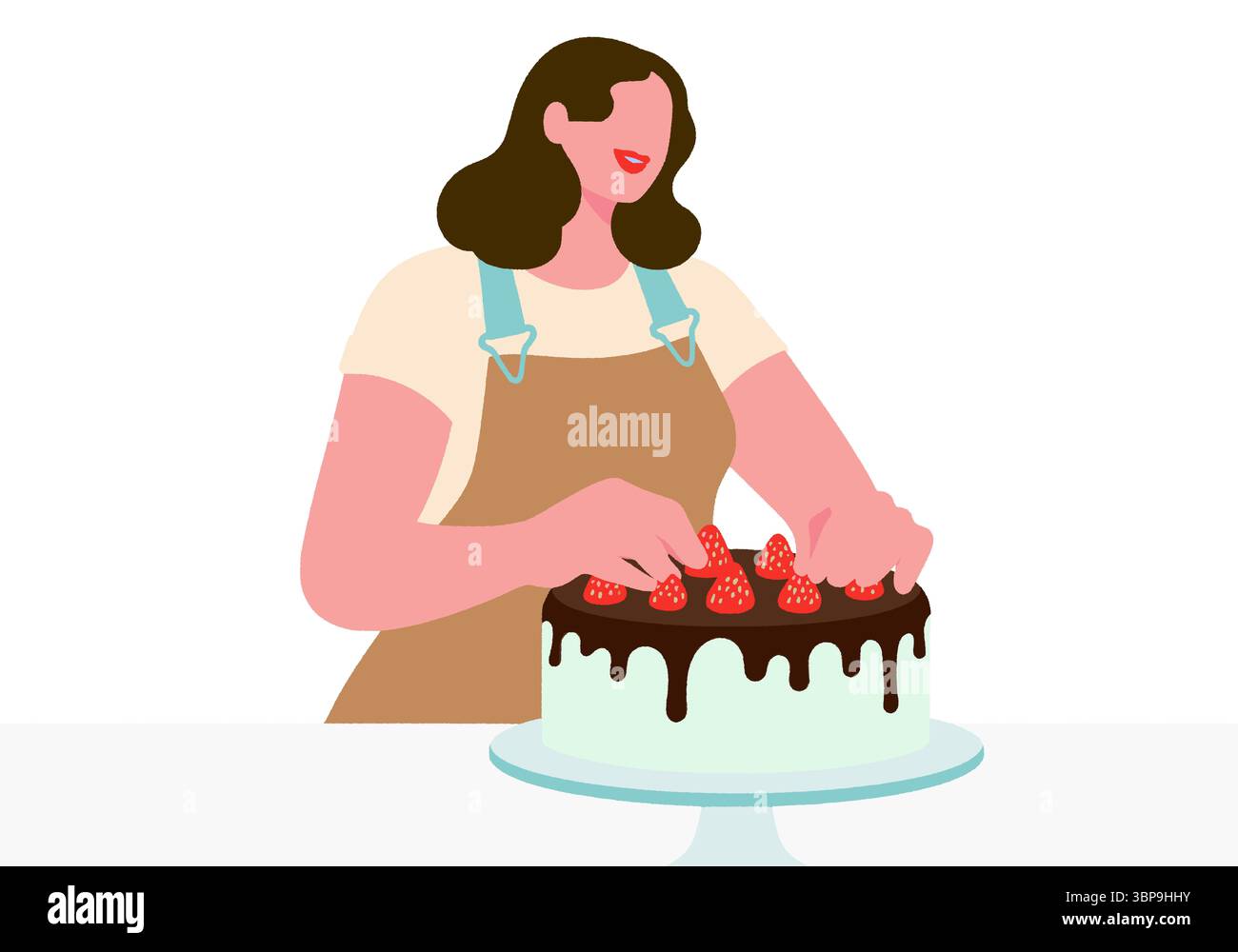 Woman decorating a chocolate-dripped cake with strawberries on a white ...