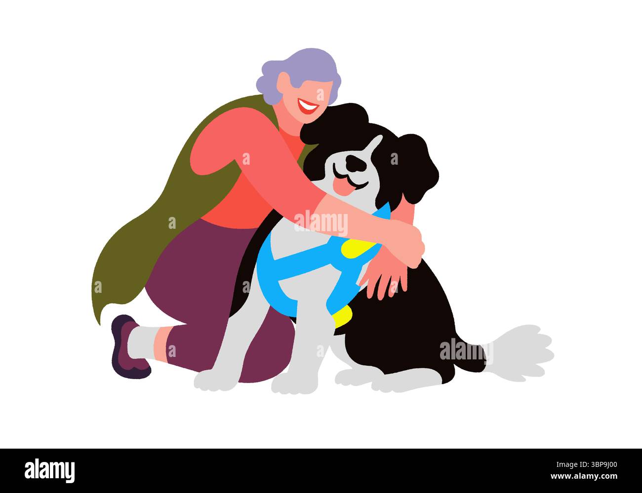 Smiling person hugging a large black and white dog in a joyful embrace ...