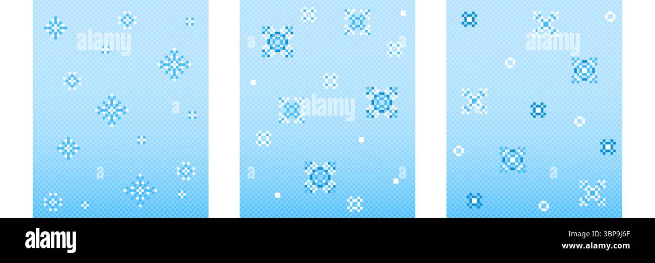 Pixel snow patterns set - white and blue snowflakes scattered on pastel ...