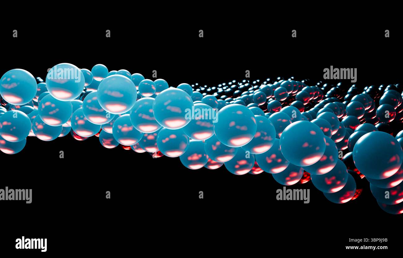 Blue and red reflective spheres in a dynamic flowing wave pattern on a ...