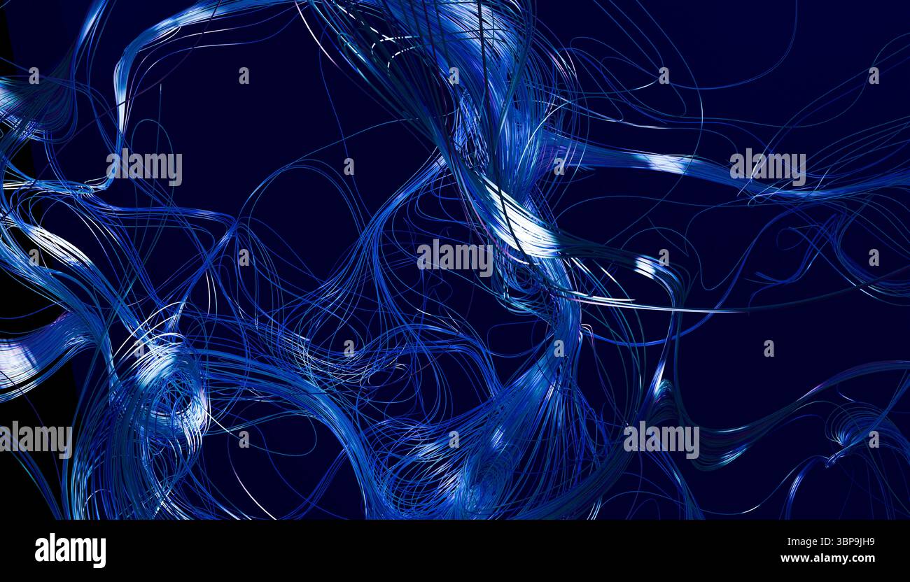 Abstract blue light trails intertwined against a dark background. 3D ...