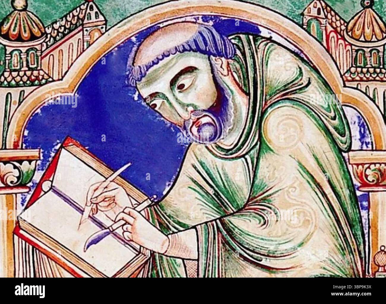 A 12rg Century illustration of a monk using a quill and penknife ina ...