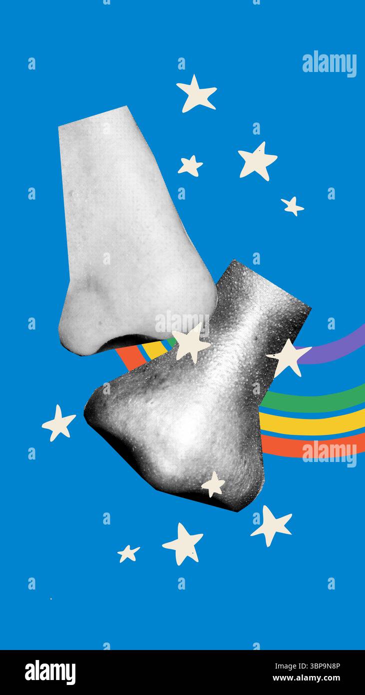 Surreal collage. Two human noses facing each other with rainbow lines ...