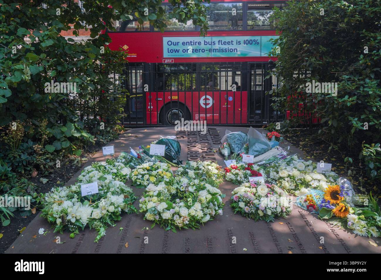 London, UK 7 July 2025. A bus drives past the memorial to the victims ...
