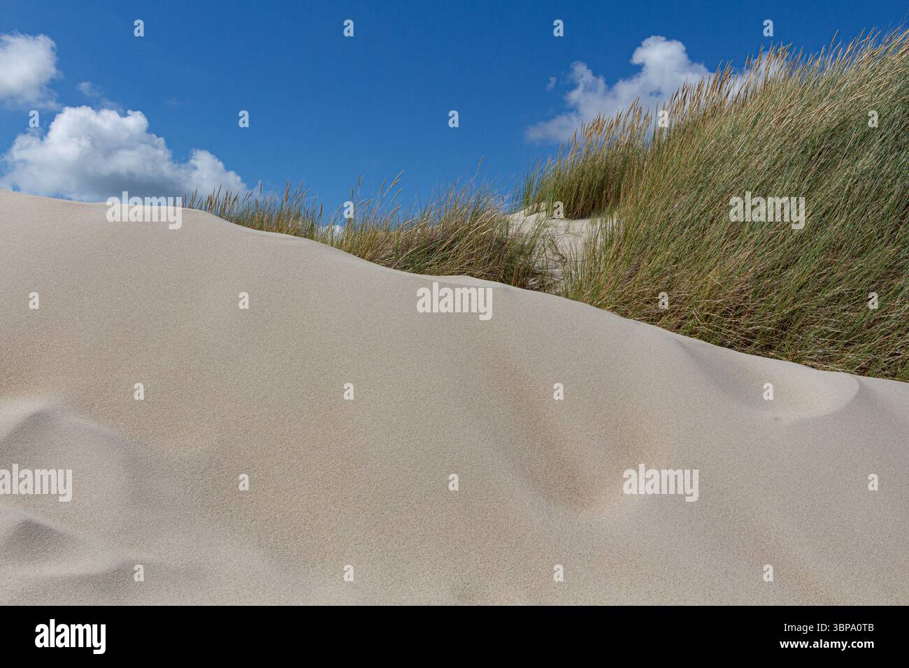 Dune sand slope in front against grass and blue sky with clouds. Wobbly ...