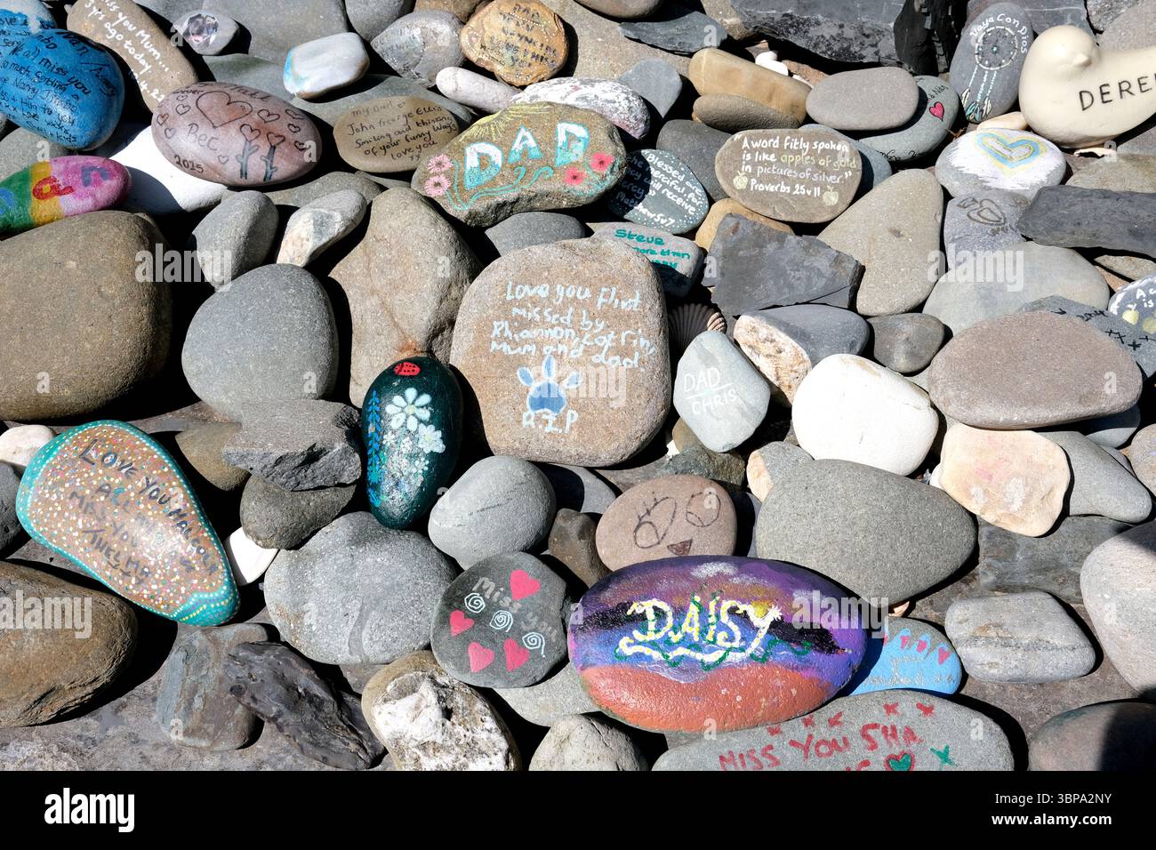 Love stone messages near the ancient church of St Tanwg situated in the ...
