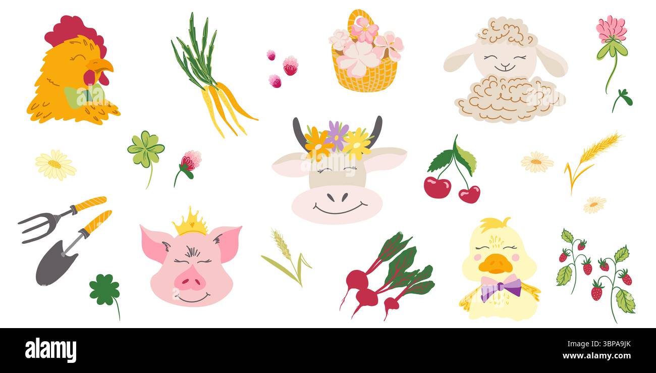 Cute farm animals and garden elements clipart set Stock Photo - Alamy