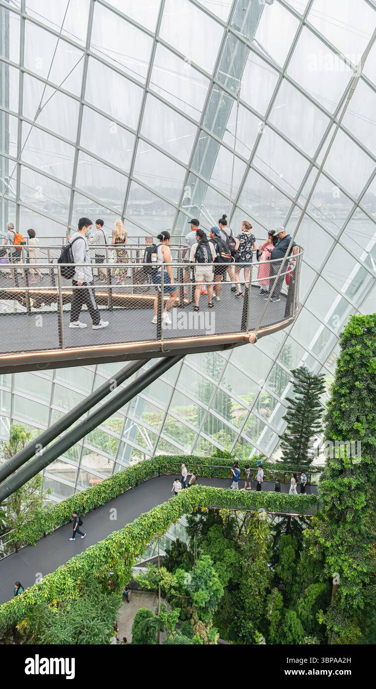 Tourists on a viewing walkway inside a dome in the Gardens by the bay ...