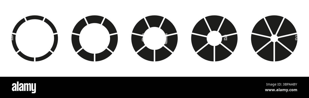Wheels round divided in seven sections. Donut charts or pies segmented ...