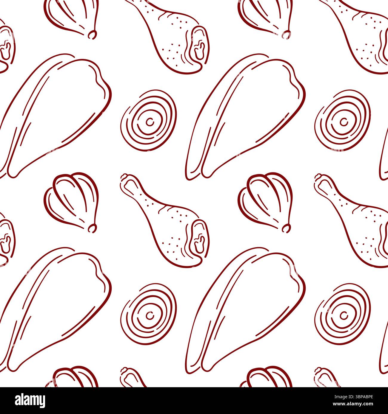 Seamless pattern with chicken drumstick and fillet, garlic and onion in ...