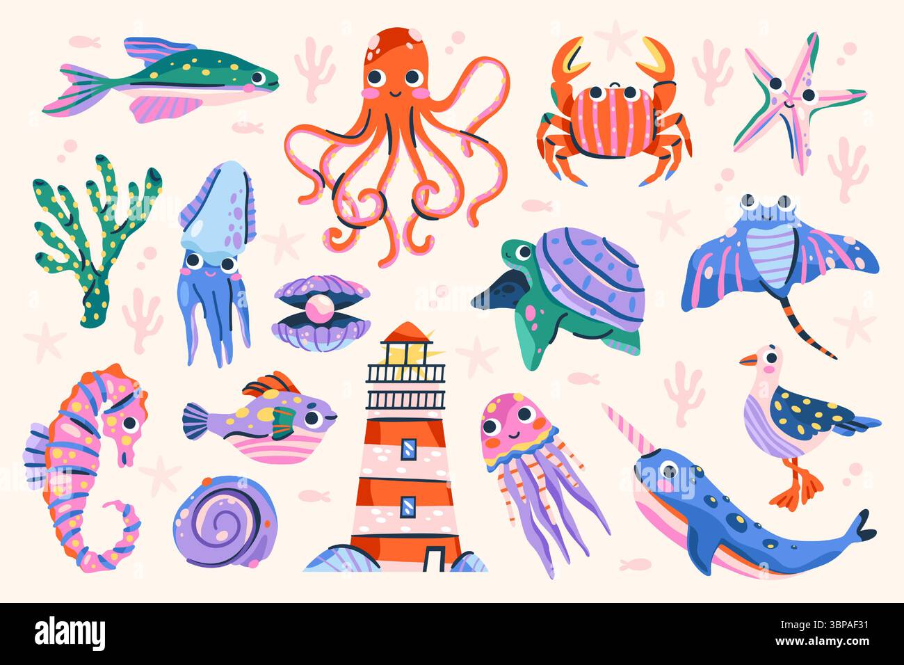 Set of sea flora or ocean fauna icon. Vector nautical and aquatic ...