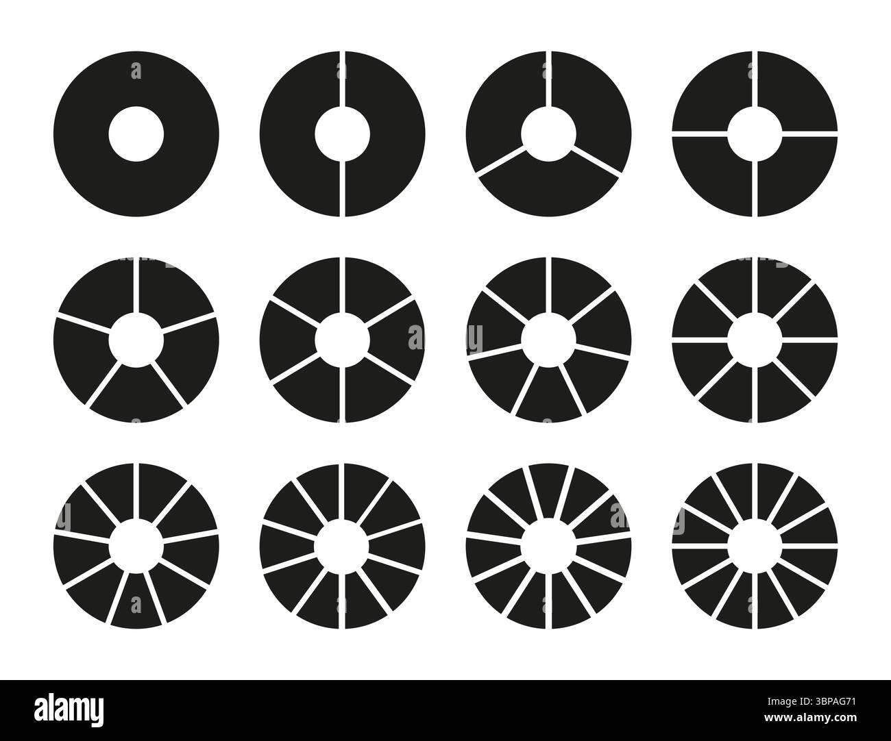 Collection of circles division on 1, 2, 3, 4, 5, 6, 7, 8, 9, 10, 11, 12 ...