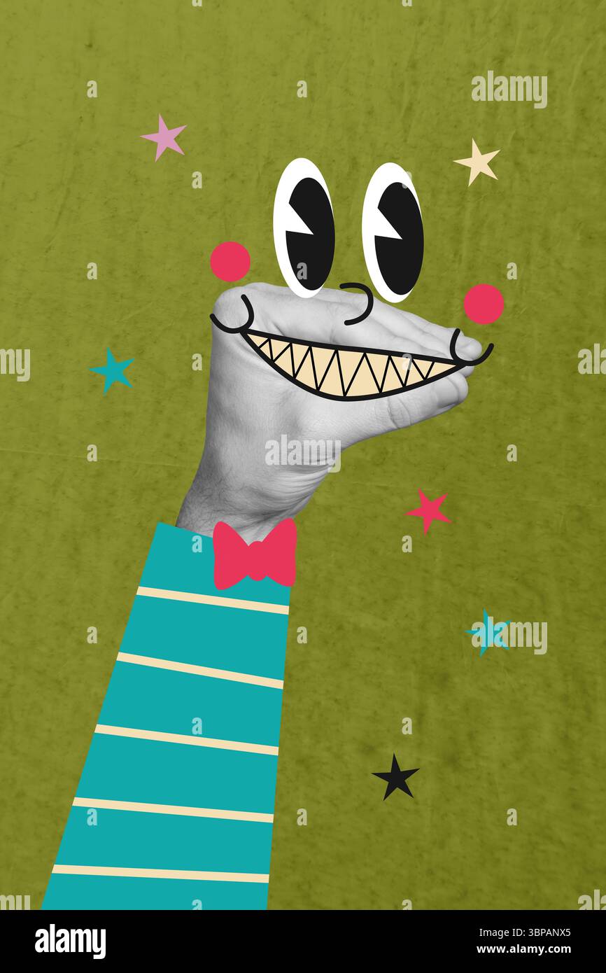 Trendy 3d poster image photo collage of hand show emoji speak gesture ...