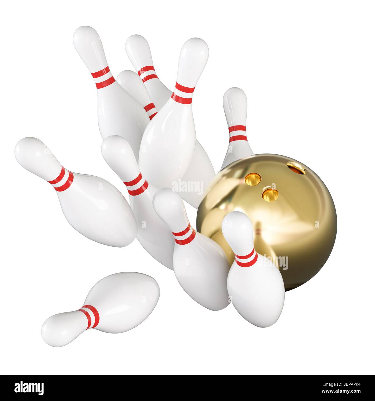Golden bowling ball knocking down white pins 3d transparent background ...