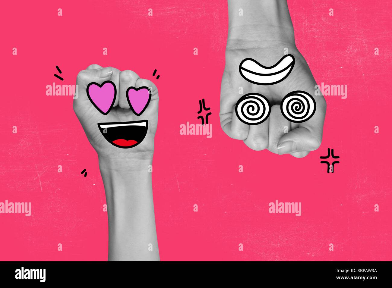 Creative full art collage of human hands show fist gesture heart icon ...
