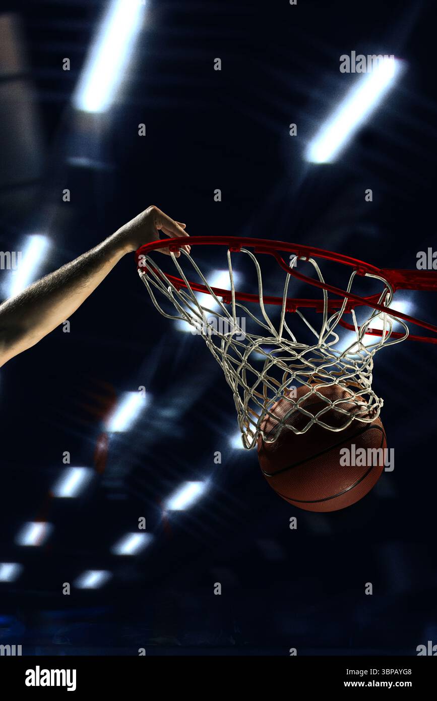 Basketball dunk under 3D stadium lights with intense motion Stock Photo ...