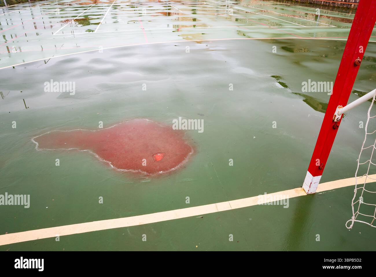 Waterlogged football pitch in Alcala de la Jovada Stock Photo - Alamy
