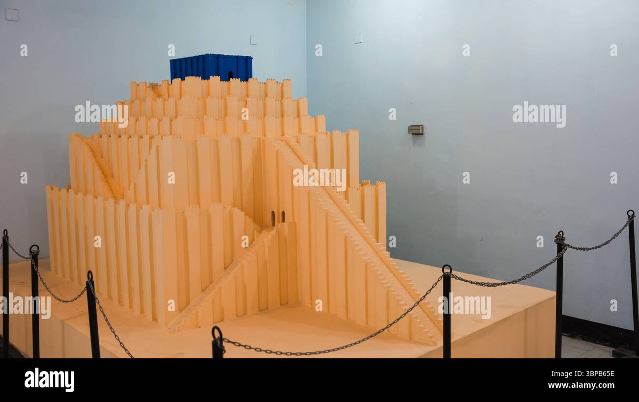 This artwork displays a detailed reconstruction of the ancient ziggurat ...