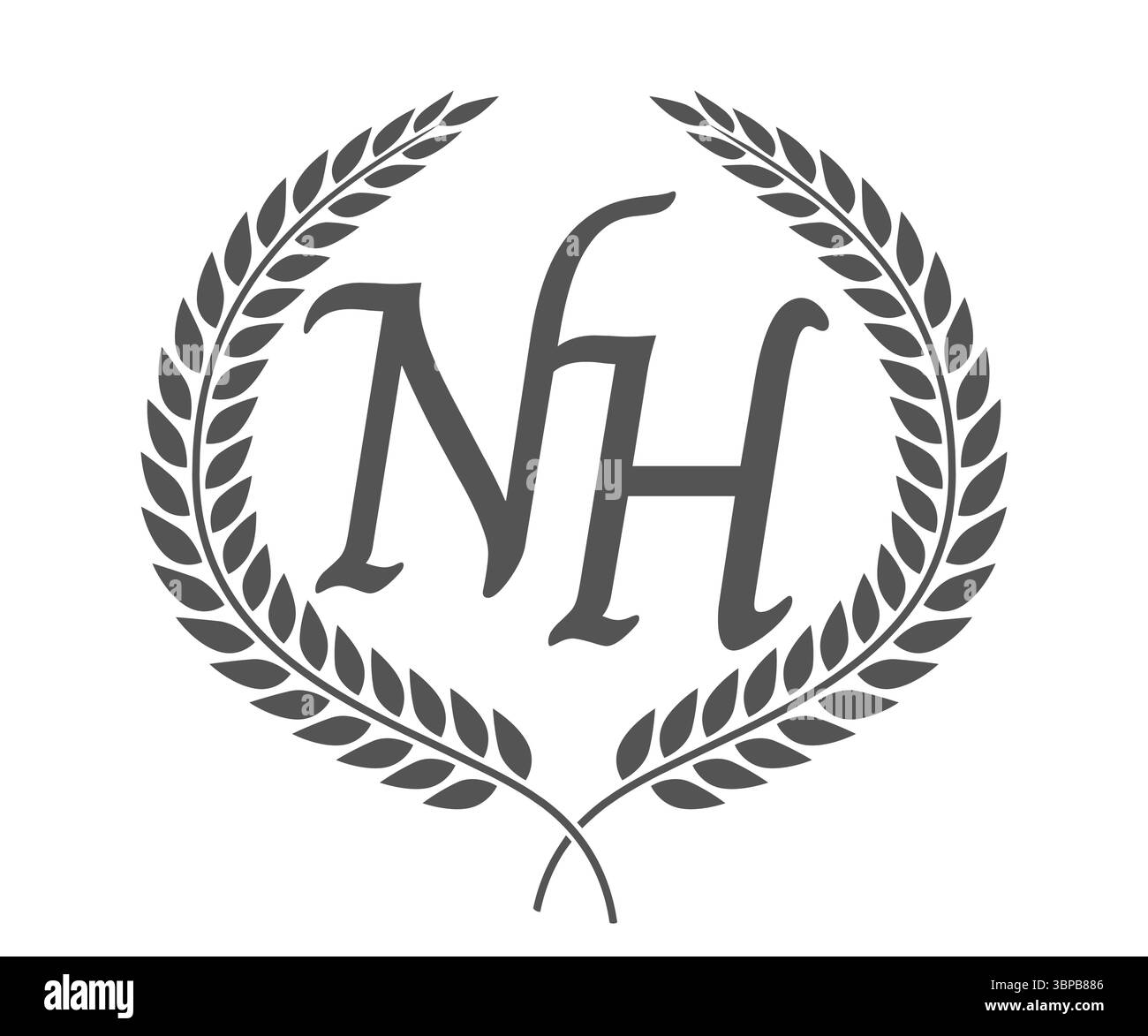 Initial letter N and H, NH monogram logo design with laurel wreath. Luxury emblem with ...